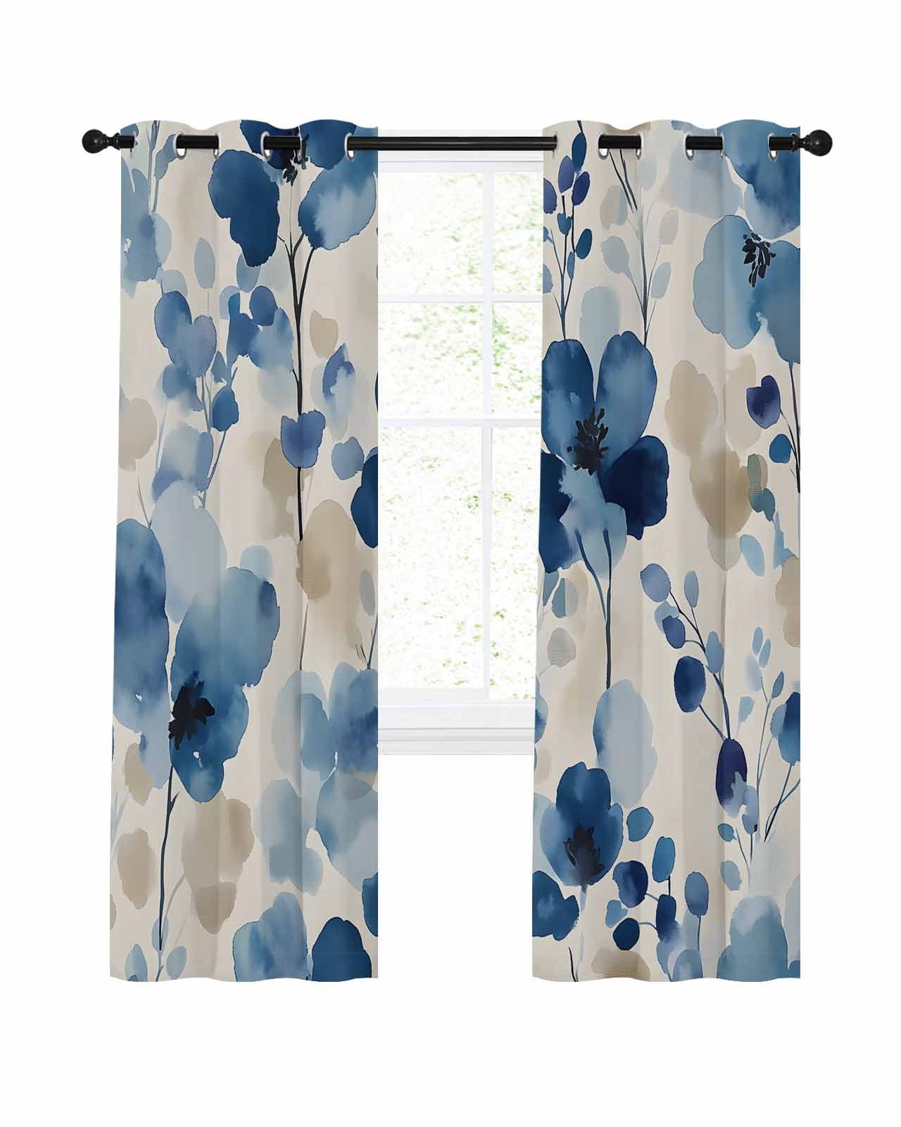 Blue Spring Floral Blackout Curtains, Light Blocking Print Window ...