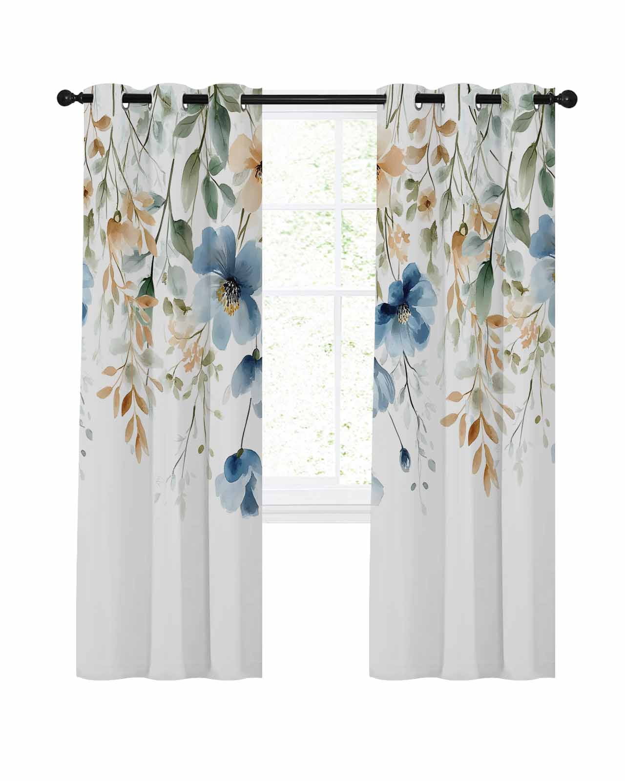 Blue Spring Floral Blackout Curtains, Light Blocking Print Window ...