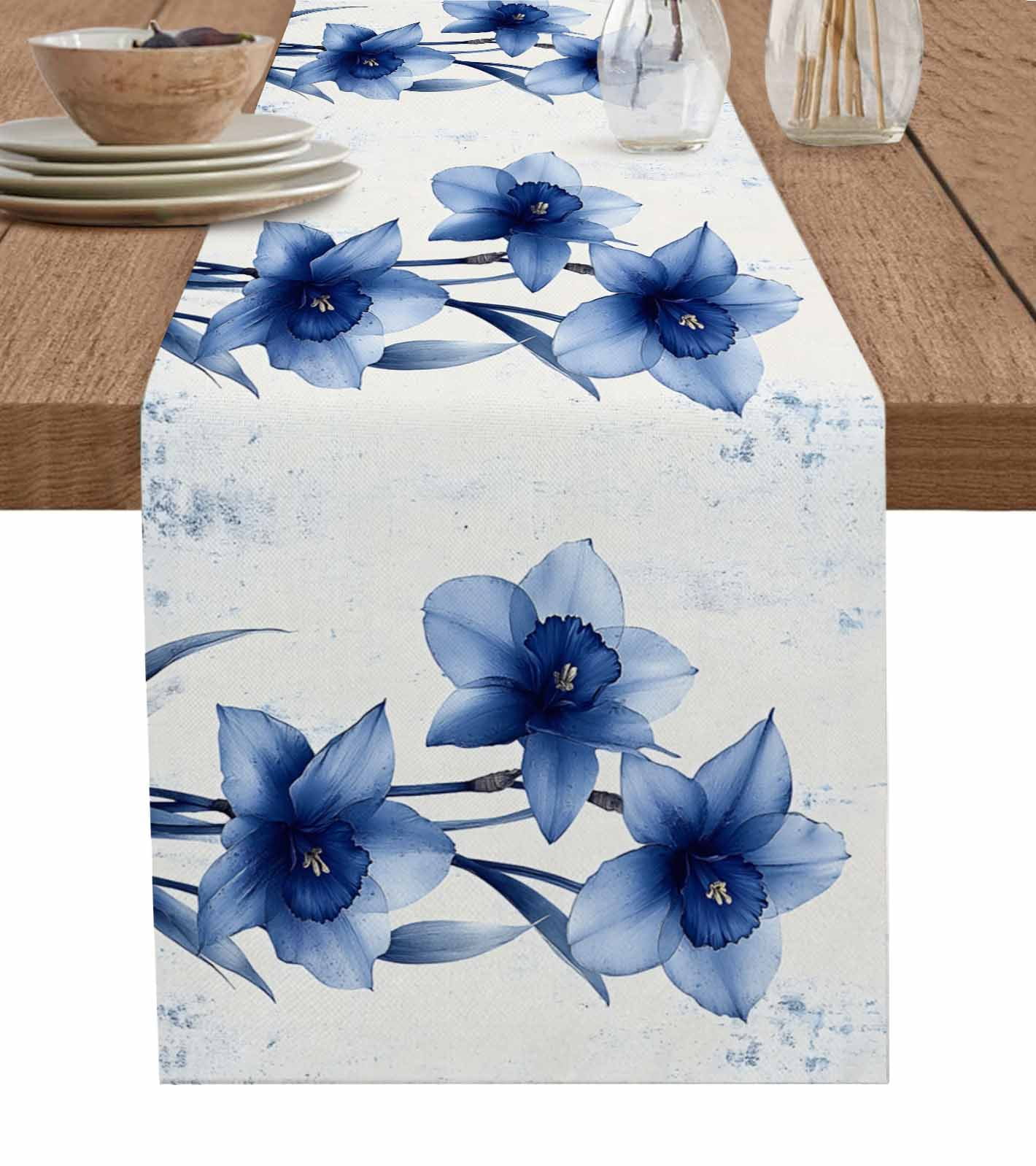 Blue Spring Floral Burlap Cotton Table Runner 13x60 Inches Long, Summer ...