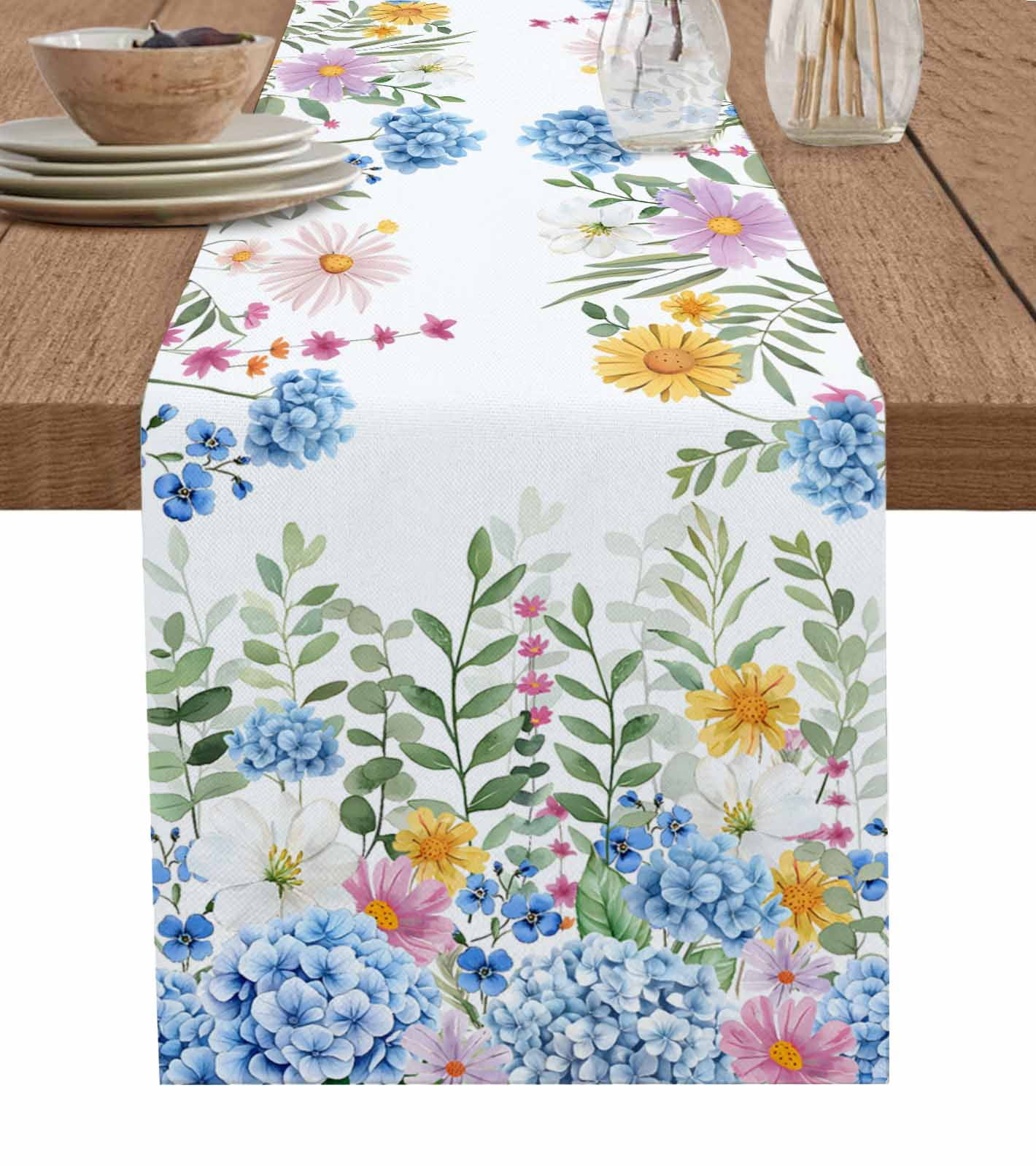 Blue Spring Floral Burlap Cotton Table Runner 13x90 Inches Long, Green ...