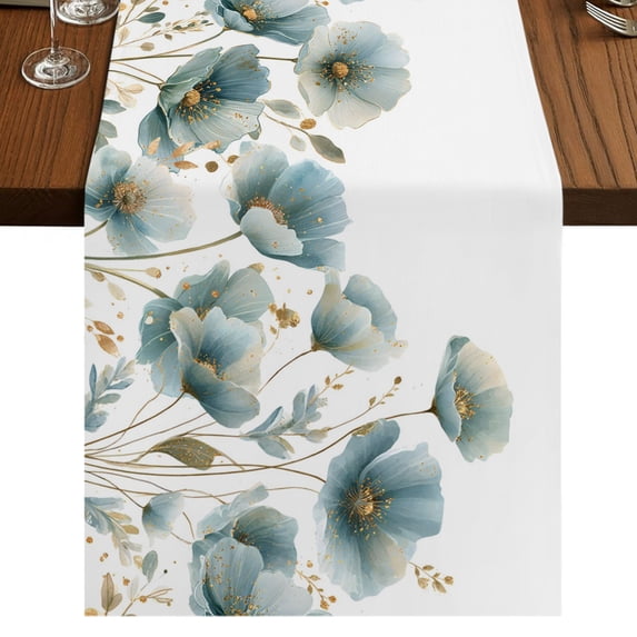 Blue Spring Floral Burlap Cotton Table Runner 16x72 Inches Long, Summer ...