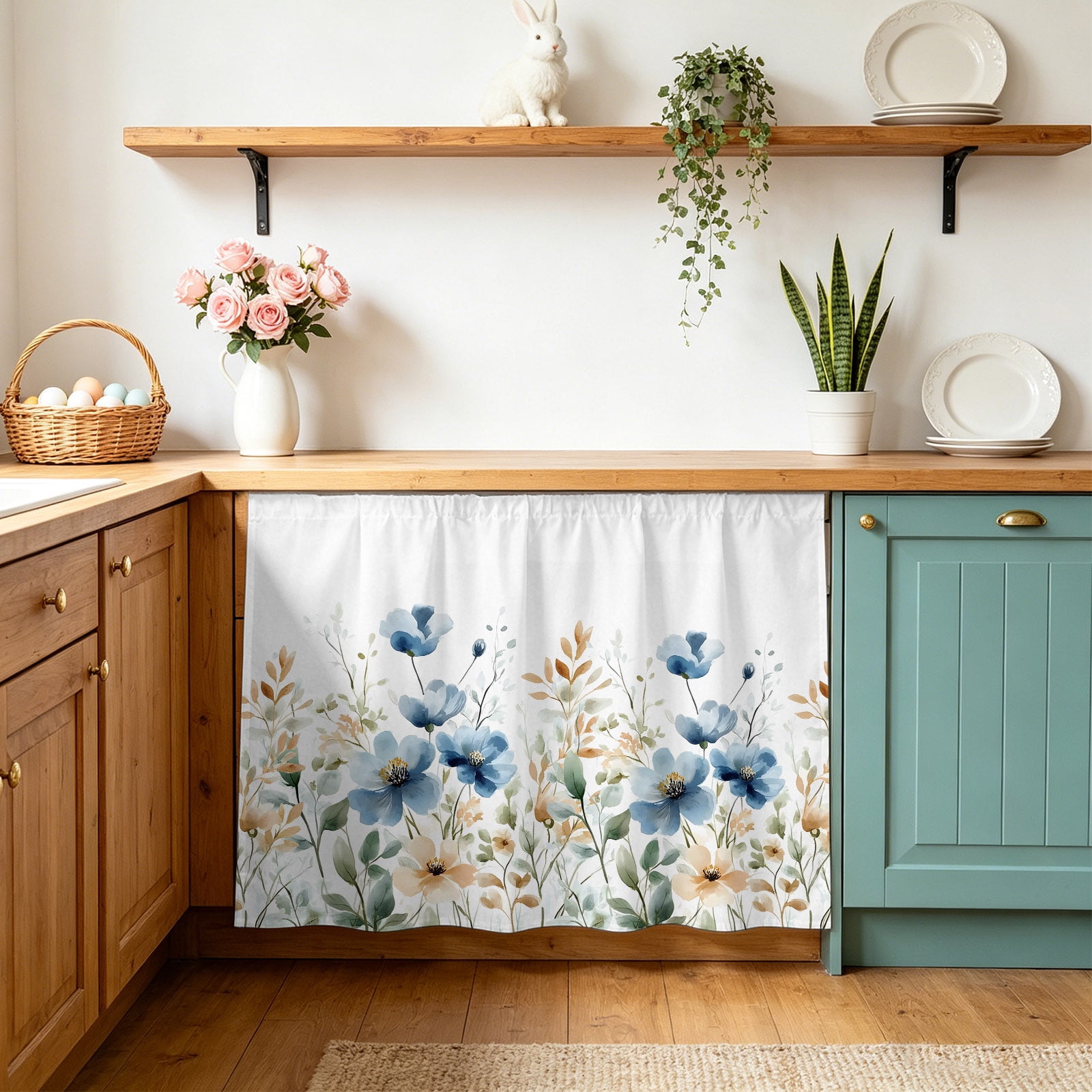Blue Spring Floral Cabinet Curtain 28"Wx35"L,Dustproof Under Sink Skirt ...