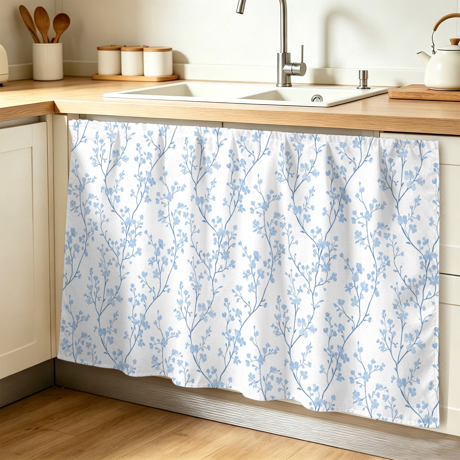 Blue Spring Floral Cabinet Curtain 32"Wx55"L, Dustproof Pantry Door ...
