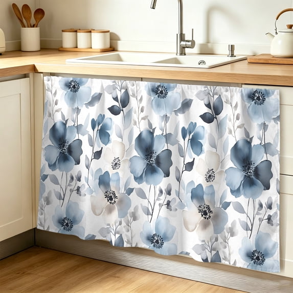 Blue Spring Floral Cabinet Curtains for Shelves, Watercolor Summer ...
