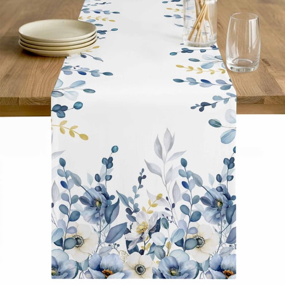 Blue Spring Floral Cotton Linen Rectangle Table Runners 13"x70", Summer ...