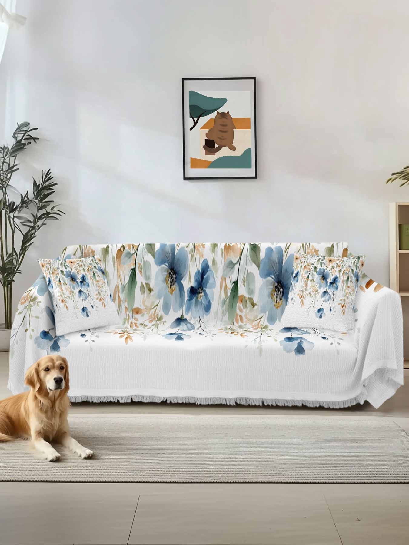 Blue Spring Floral Couch Cover for 2 Cushion Couch, Weeping Botanical ...