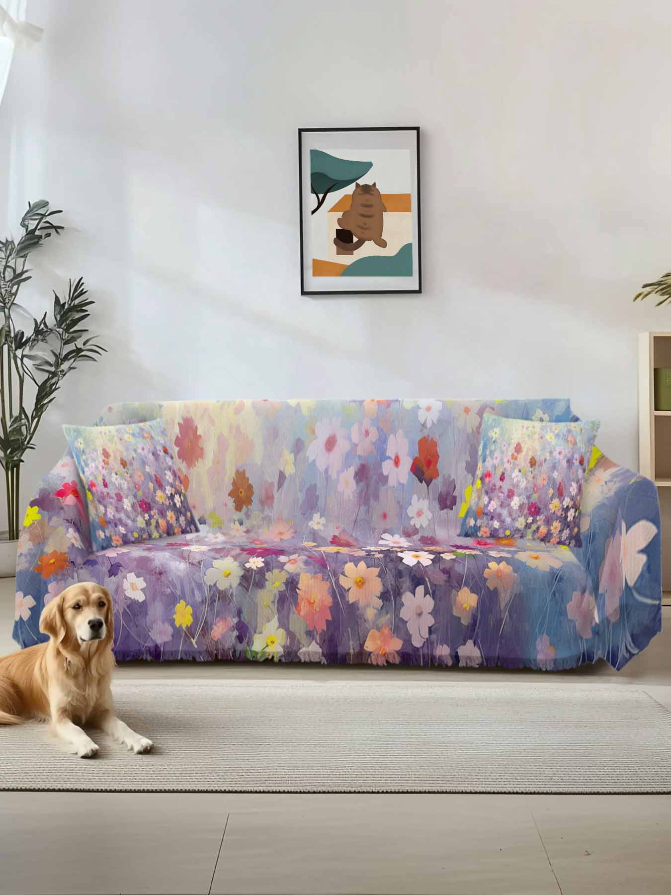 Blue Spring Floral Couch Cover for 2 Cushion Sofa, Summer Daisy ...