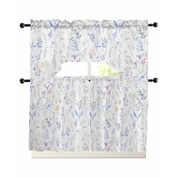 Blue Spring Floral Kitchen Curtain and Valance Set 3 Pieces, Rod Pocket ...