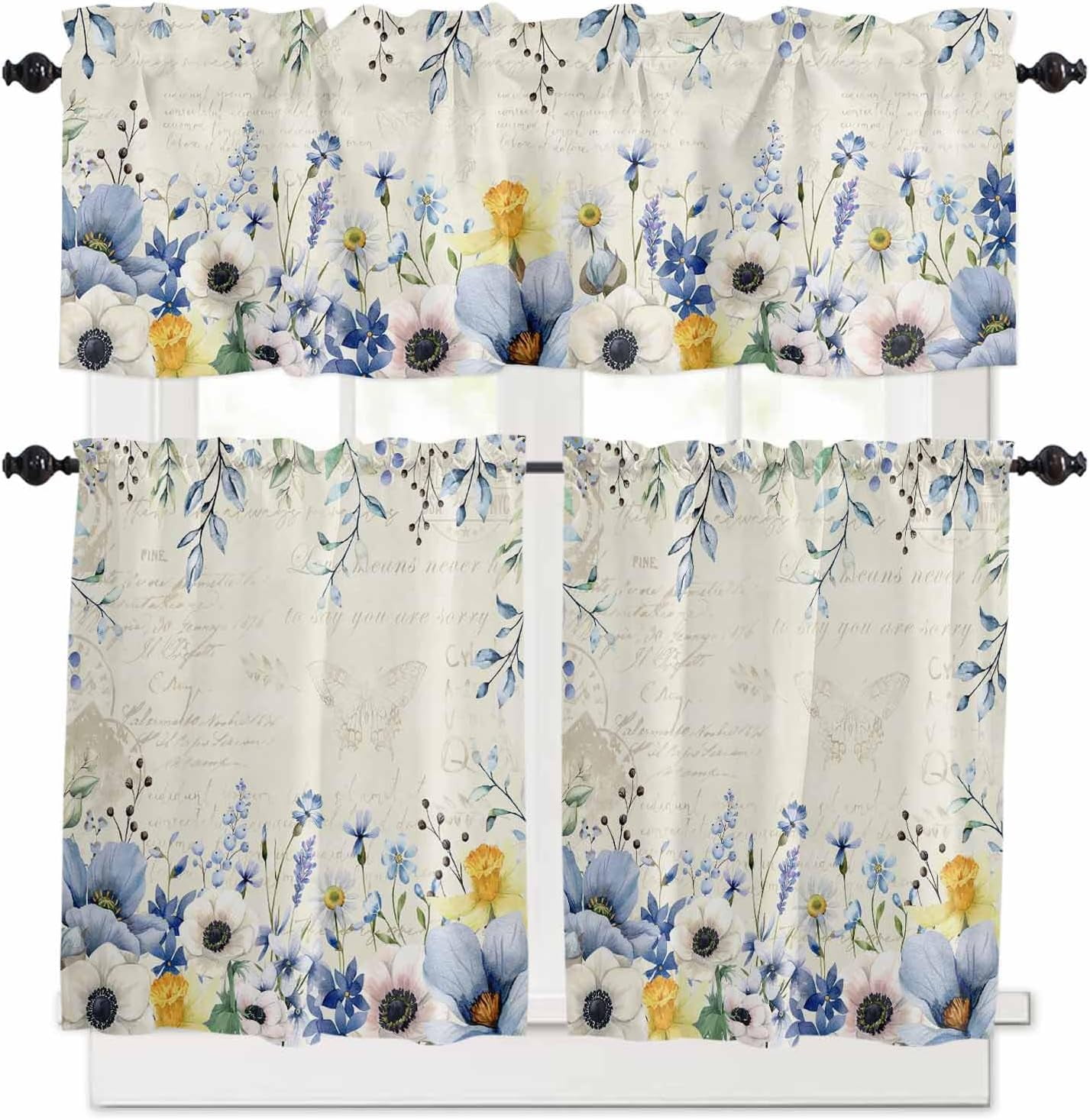 Blue Spring Floral Kitchen Curtains Set 24 Inch Length, Summer ...