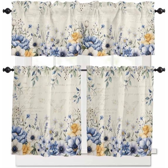 Blue Spring Floral Kitchen Curtains Set 36 Inch Length, Summer ...
