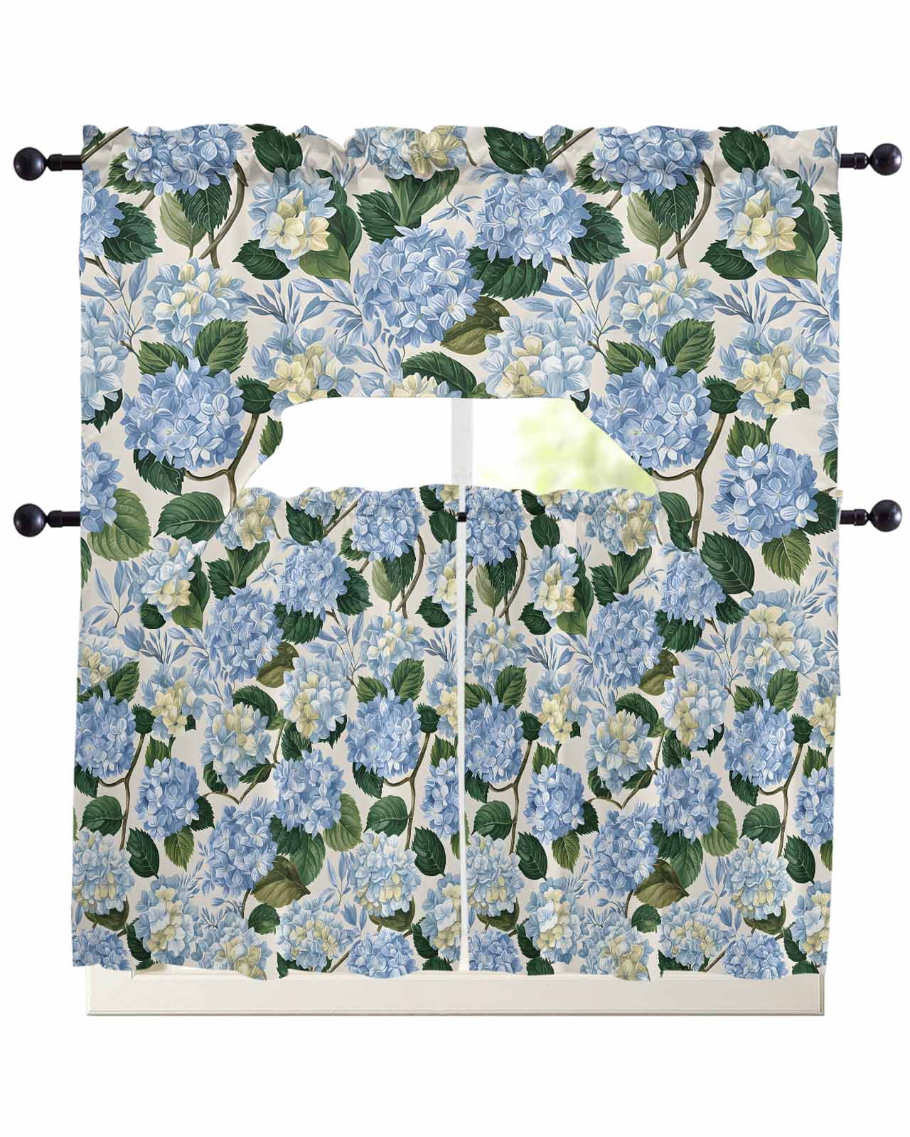 Blue Spring Floral Kitchen Curtains Sets 36 Inch Length with Valance ...
