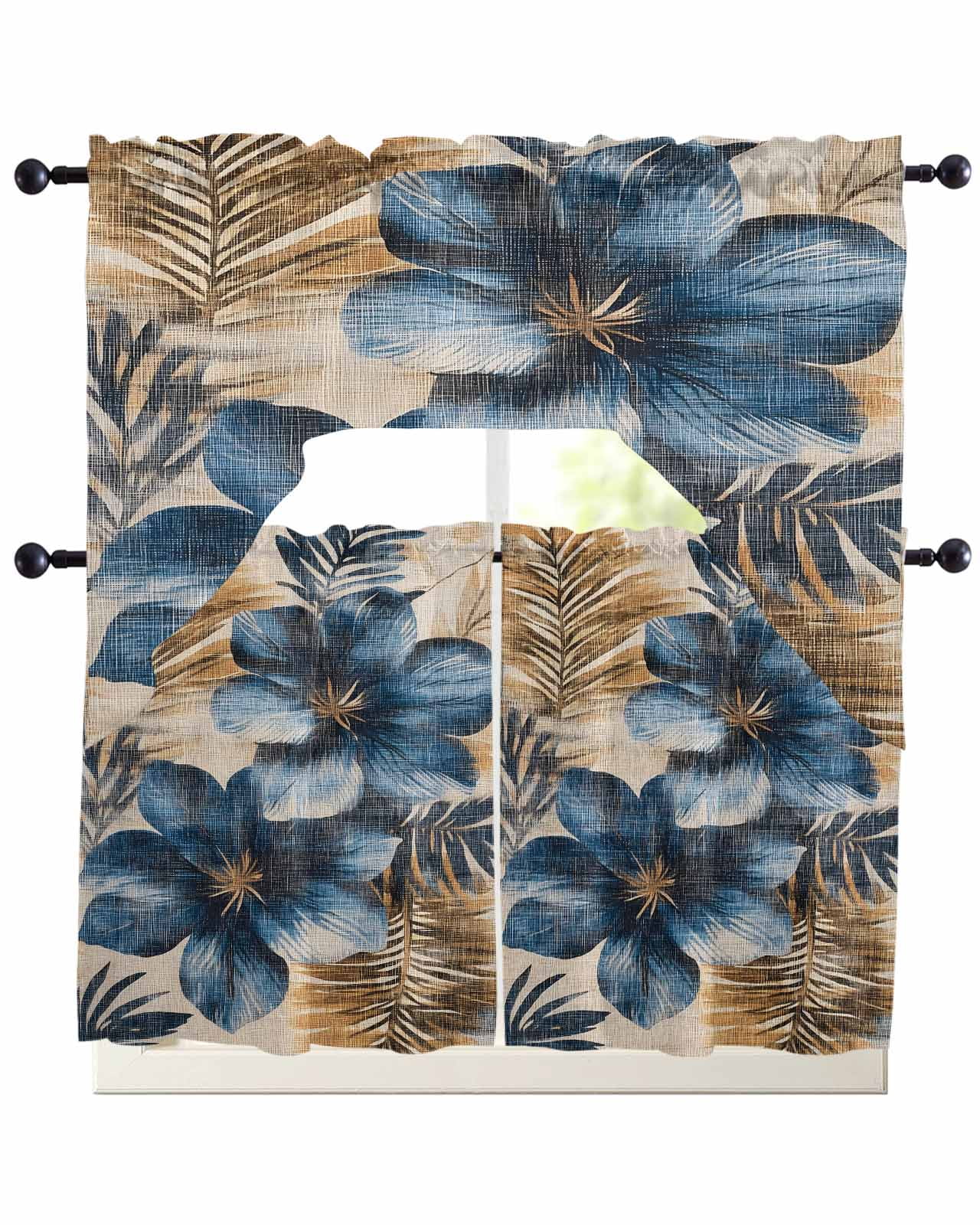 Blue Spring Floral Kitchen Curtains Swag Valance and Tier Curtains Set 24 Inch Length, Vintage ...