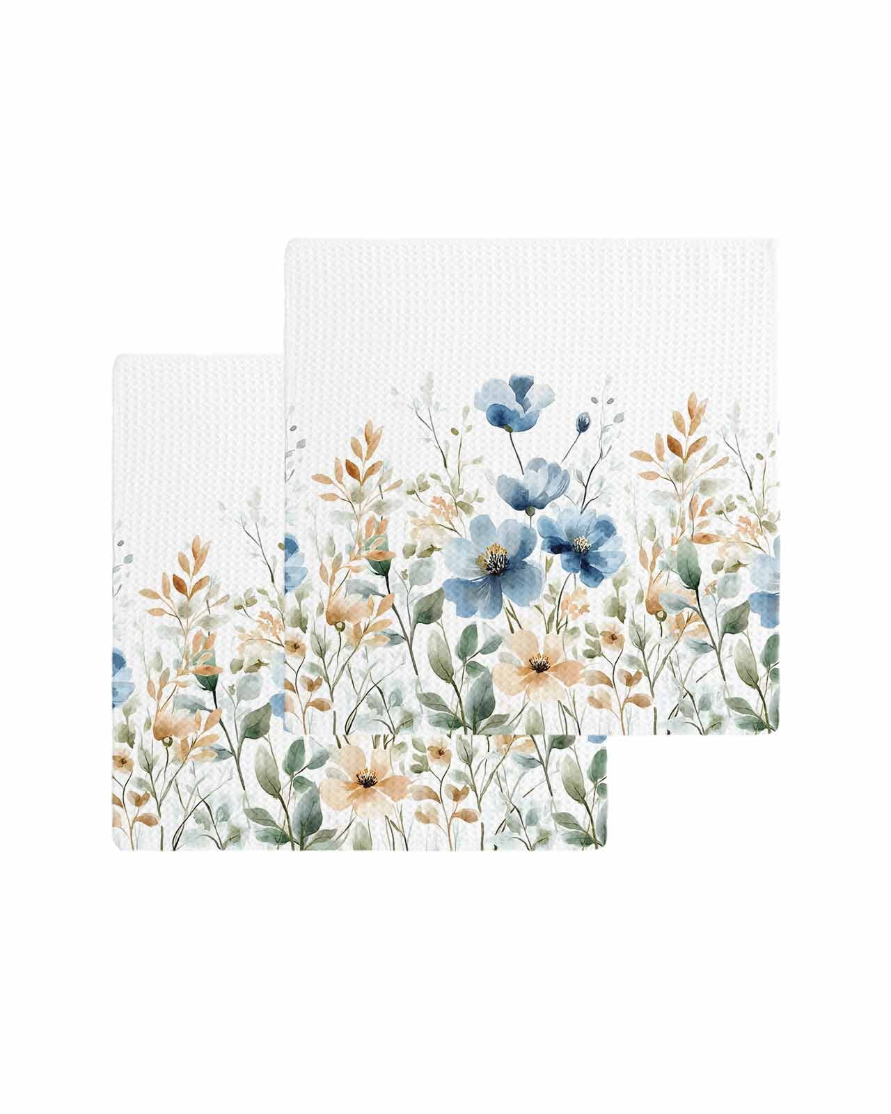 Blue Spring Floral Kitchen Dish Towels for Drying Dishes Set of 2, Watercolor Blooming Summer ...