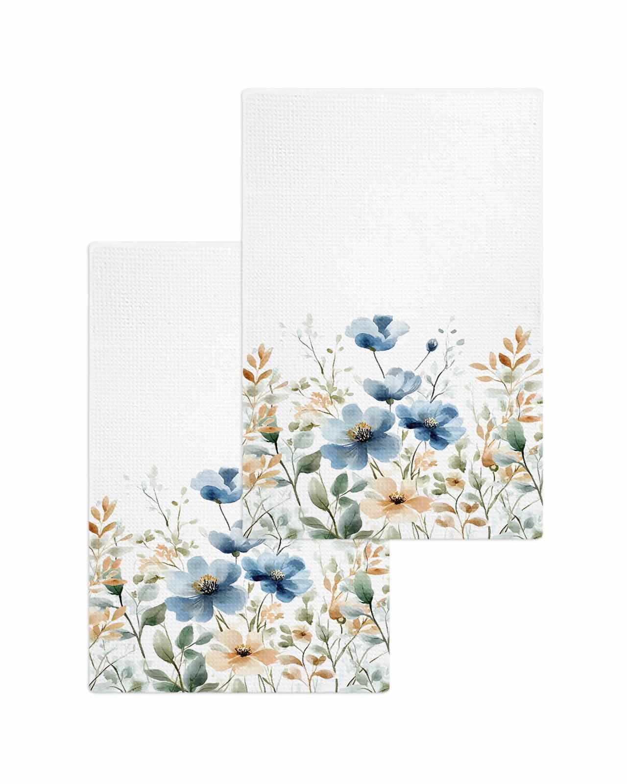Blue Spring Floral Kitchen Dish Towels for Drying Dishes Set of 2, Watercolor Blooming Summer ...