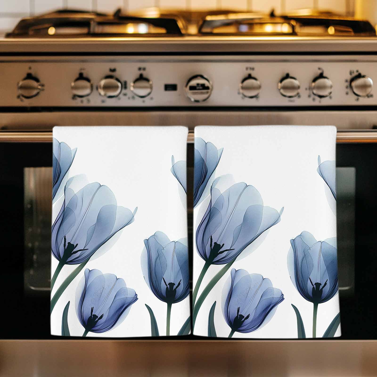 Blue Spring Floral Kitchen Towels Set of 1, Tulip Blooming Summer ...