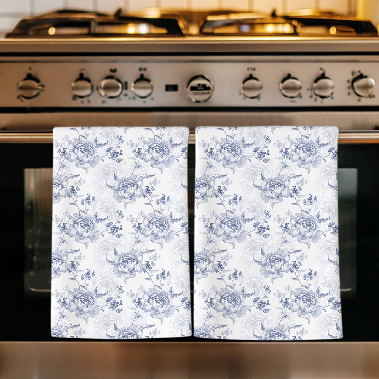 Blue Spring Floral Kitchen Towels Set of 3, Summer Botanical Elegant ...