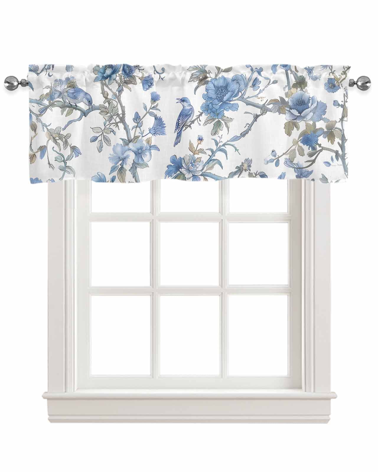 Blue Spring Floral Kitchen Valances for Windows Farmhouse Linen Window ...