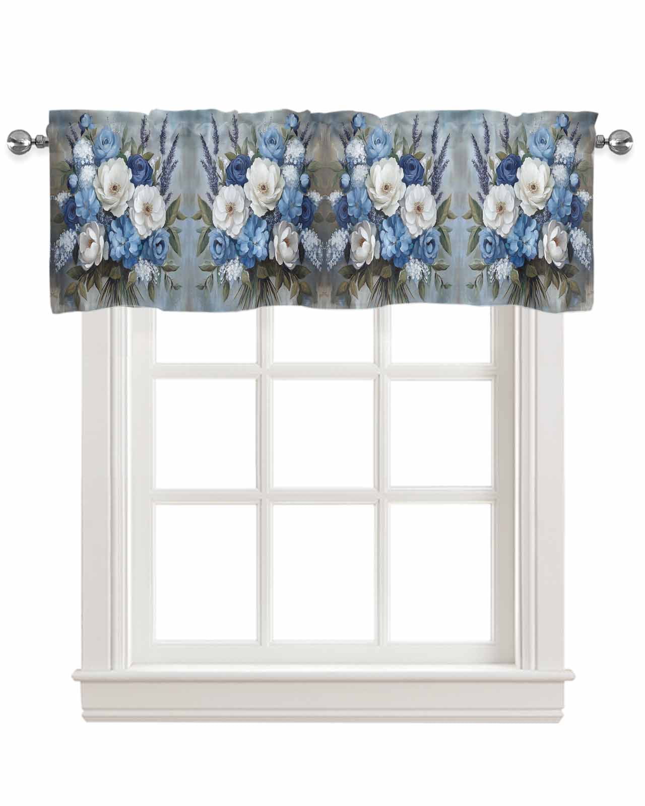 Blue Spring Floral Kitchen Valances for Windows Farmhouse Linen Window ...