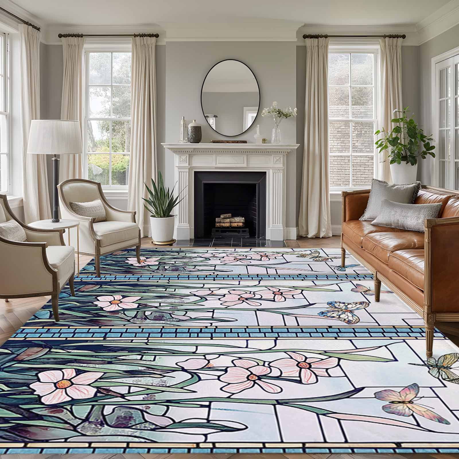 Blue Spring Floral Large Area Rug 8x10 FT, Non Slip Living Room Throw ...