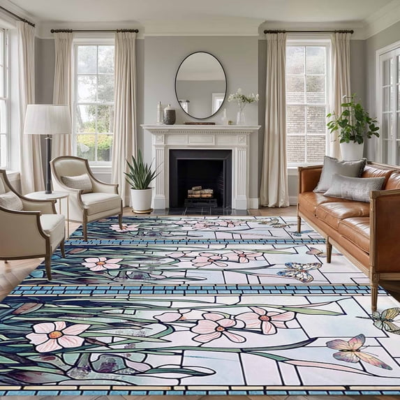 Blue Spring Floral Large Area Rug 8x10 FT, Non Slip Living Room Throw ...