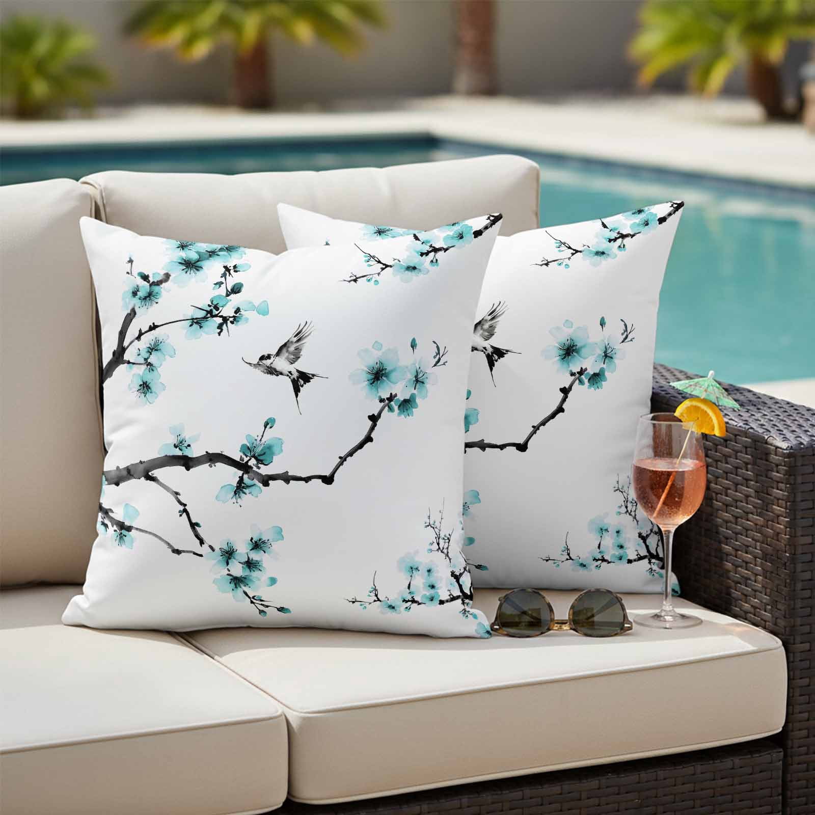 Blue Spring Floral Outdoor Pillow Covers 16x16 Inch Throw Pillow Covers ...
