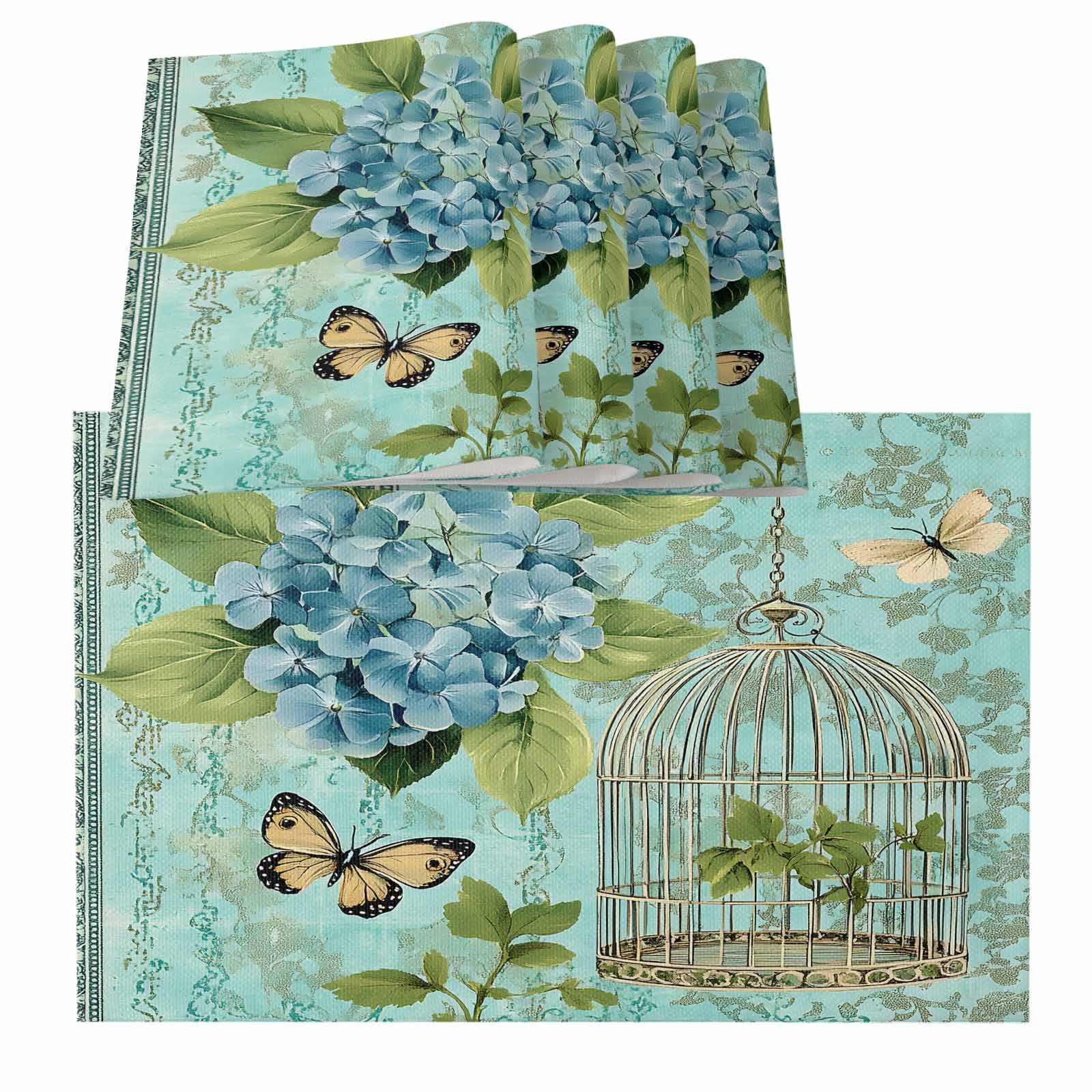 Blue Spring Floral Placemats for Dinning Table Set of 6, Green Summer ...