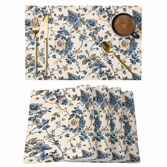 Blue Spring Floral Placemats Set of 4, Cotton Linen Fabric Place Mats ...
