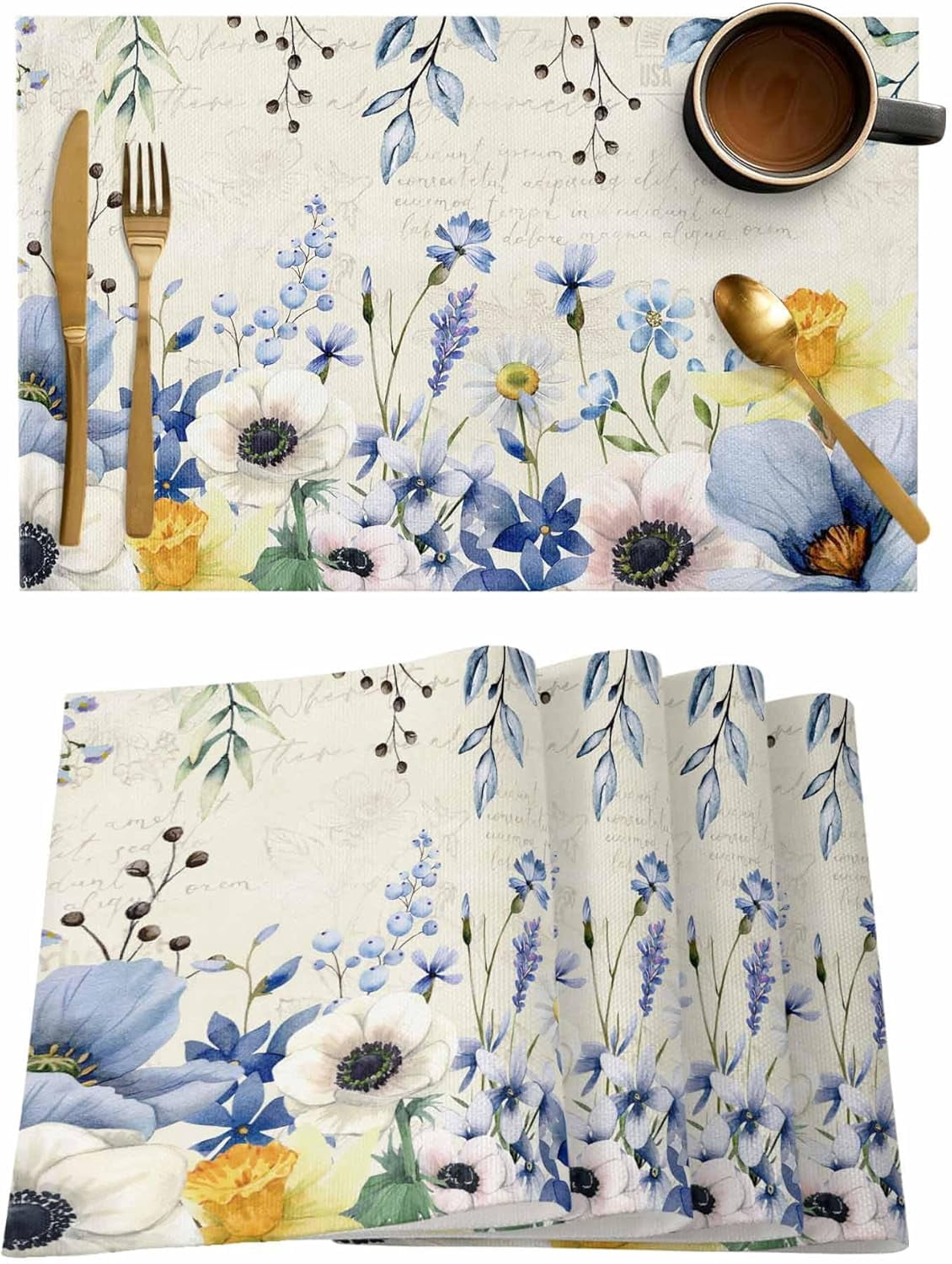 Blue Spring Floral Placemats Set of 4, Summer Botanical Placemats for ...