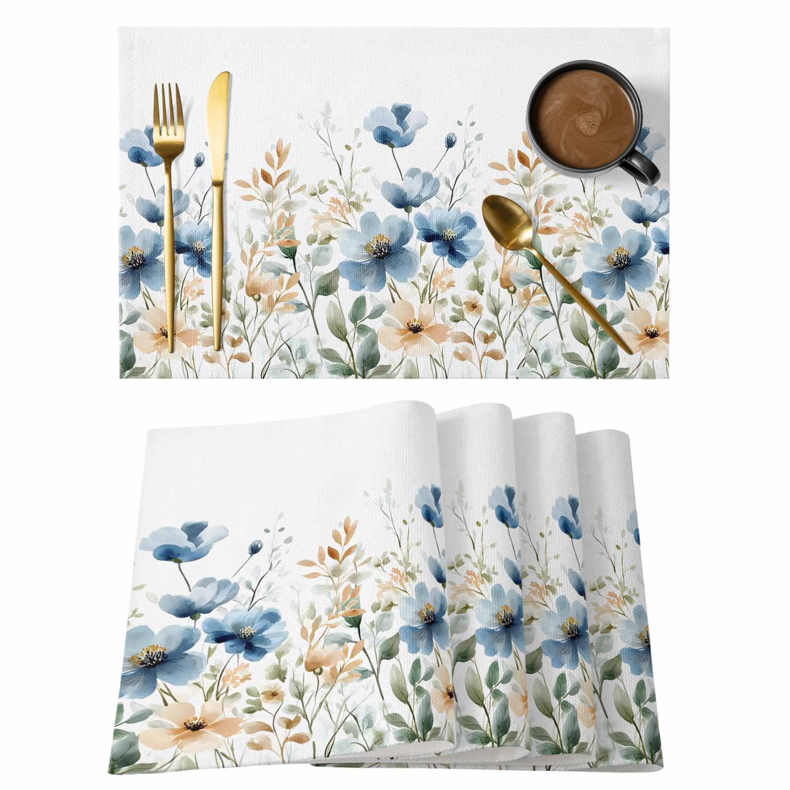 Blue Spring Floral Placemats Set of 4 Watercolor Blooming Summer ...