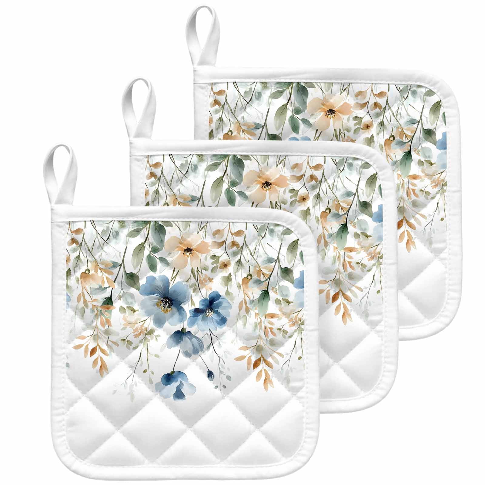 Blue Spring Floral Pot Holders for Kitchen Heatproof Potholder, 3 Pack ...