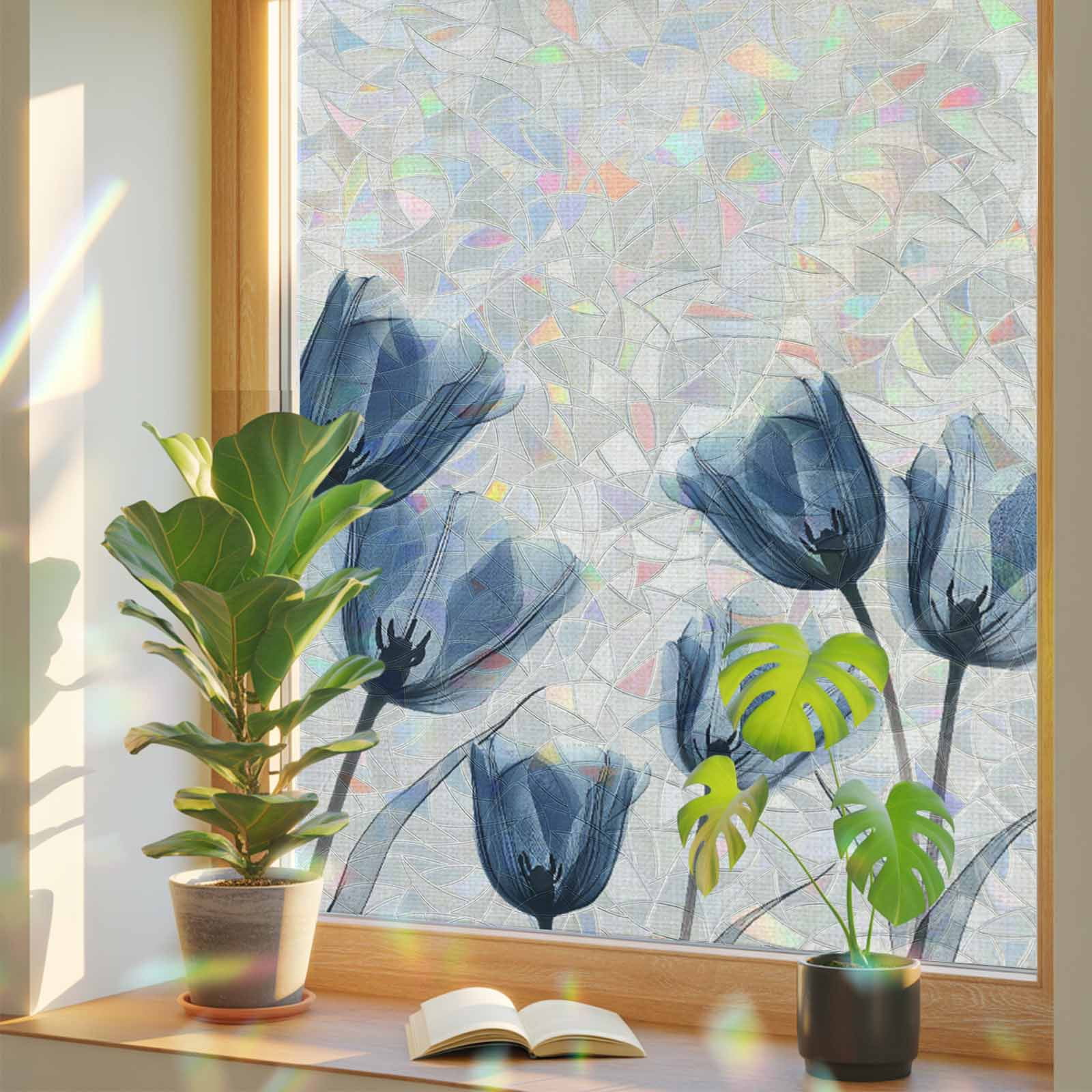 Blue Spring Floral Privacy Window Film, Decorative Stained Glass Window ...