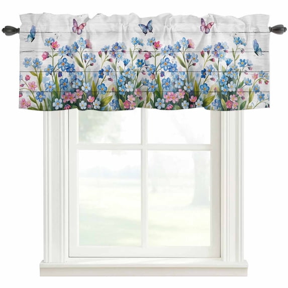 Blue Spring Floral Rod Pocket Curtain Valance, Pink Flowers Butterfly ...