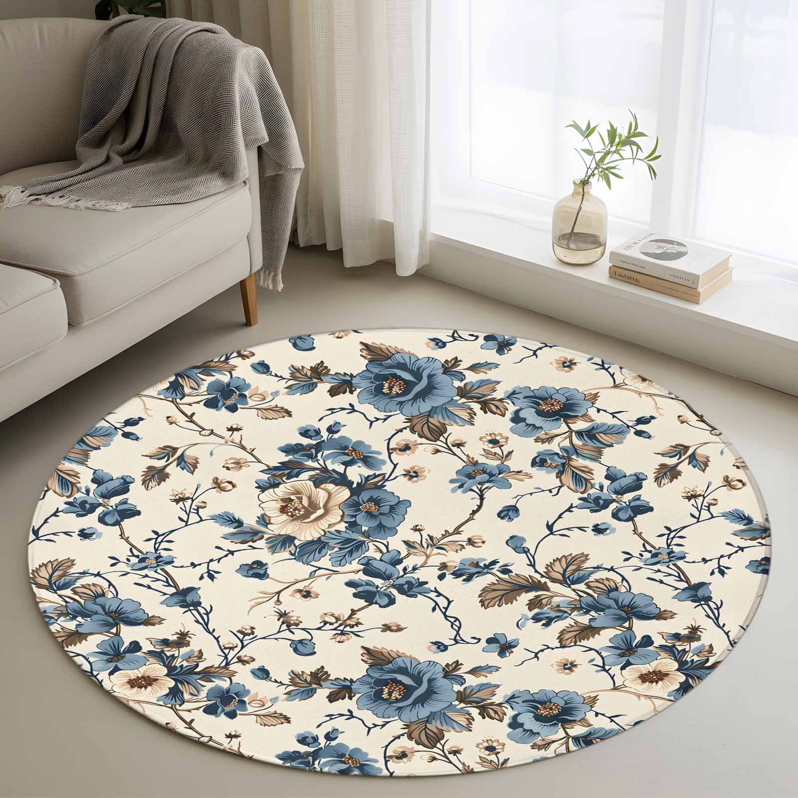 Blue Spring Floral Round Area Rug 3 FT, Small Kitchen Bathroom Mats ...