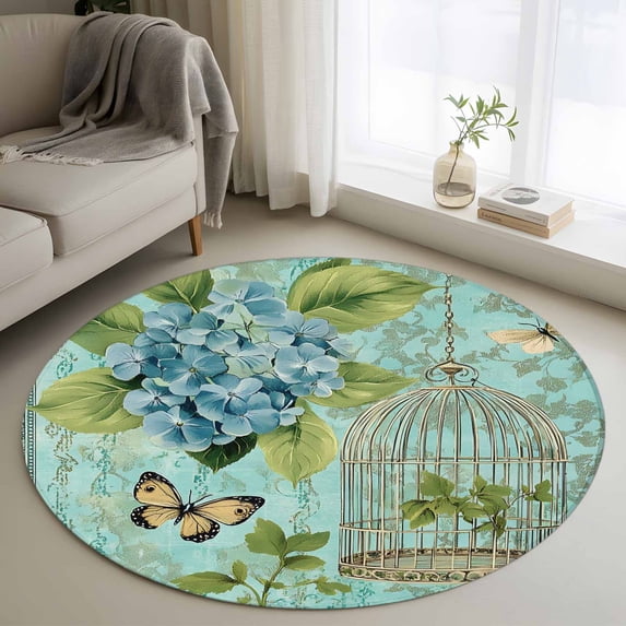 Blue Spring Floral Round Area Rug 4 FT, Non Slip Indoor Outdoor Rug ...