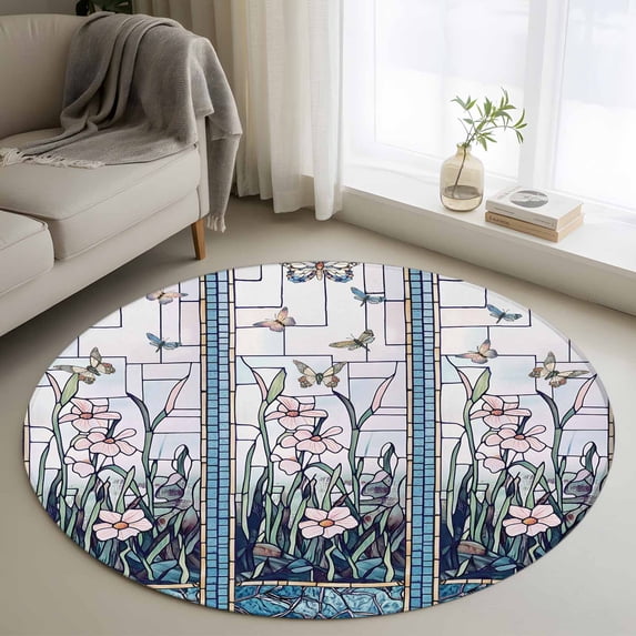 Blue Spring Floral Round Area Rug 4 FT, Non Slip Indoor Outdoor Rug ...