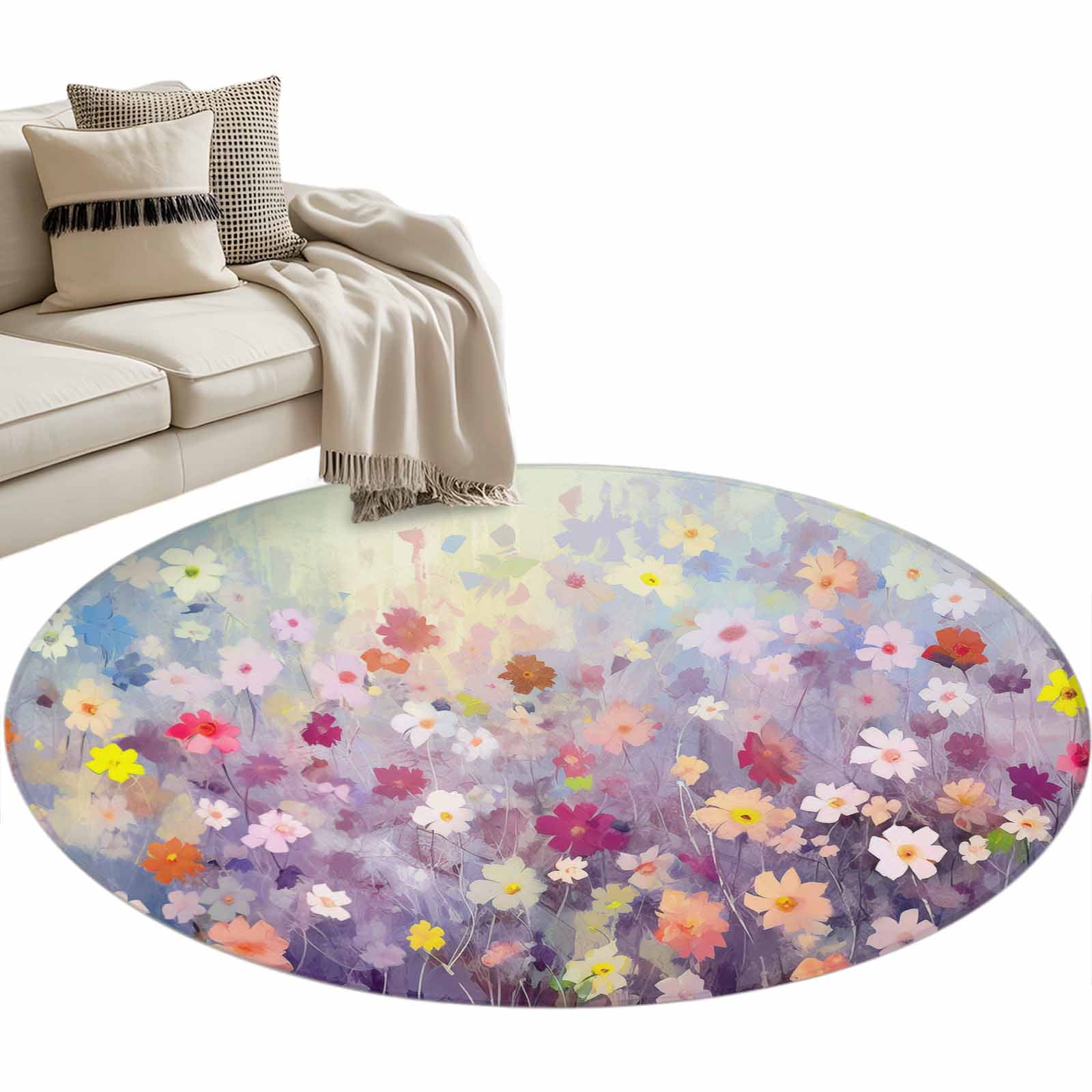 Blue Spring Floral Round Area Rug 4 FT, Non Slip Indoor Outdoor Rug ...