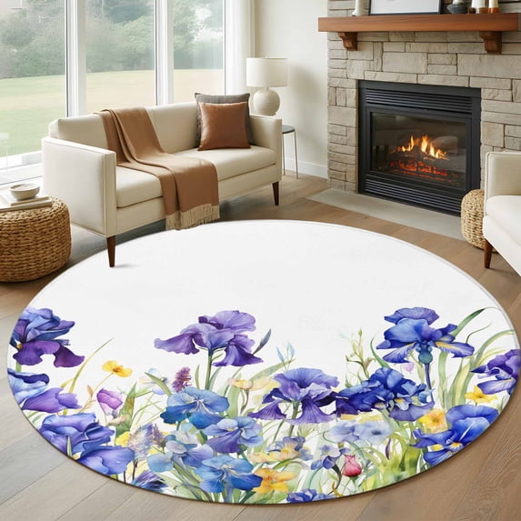 Blue Spring Floral Round Area Rug 5 FT, Non Slip Bedroom Rugs ...