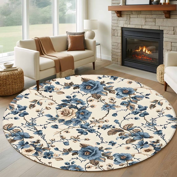 Blue Spring Floral Round Area Rug 6 FT, Non Slip Bedroom Rugs, Vintage ...