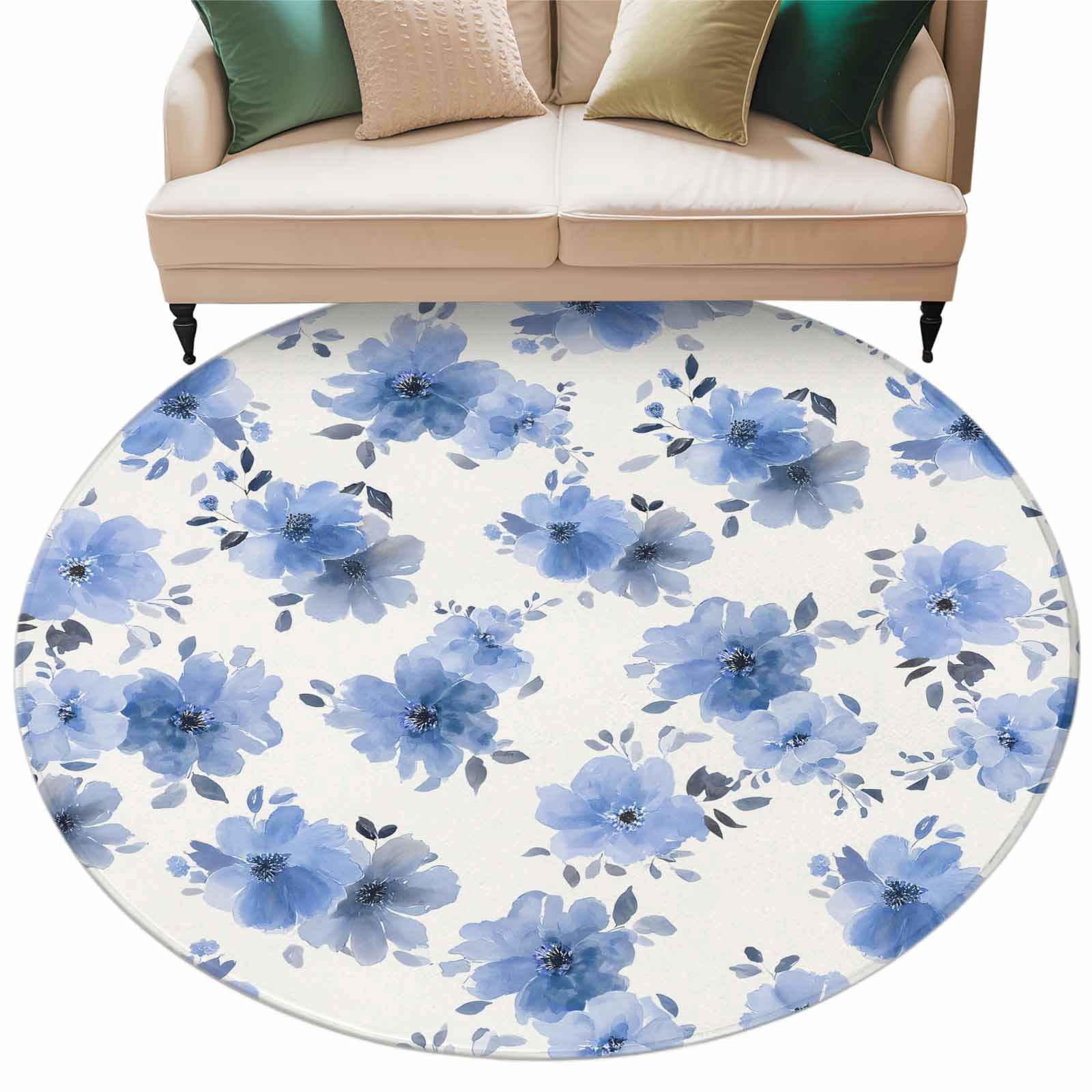 Blue Spring Floral Round Area Rugs Collection 5', Elegant Flowers ...