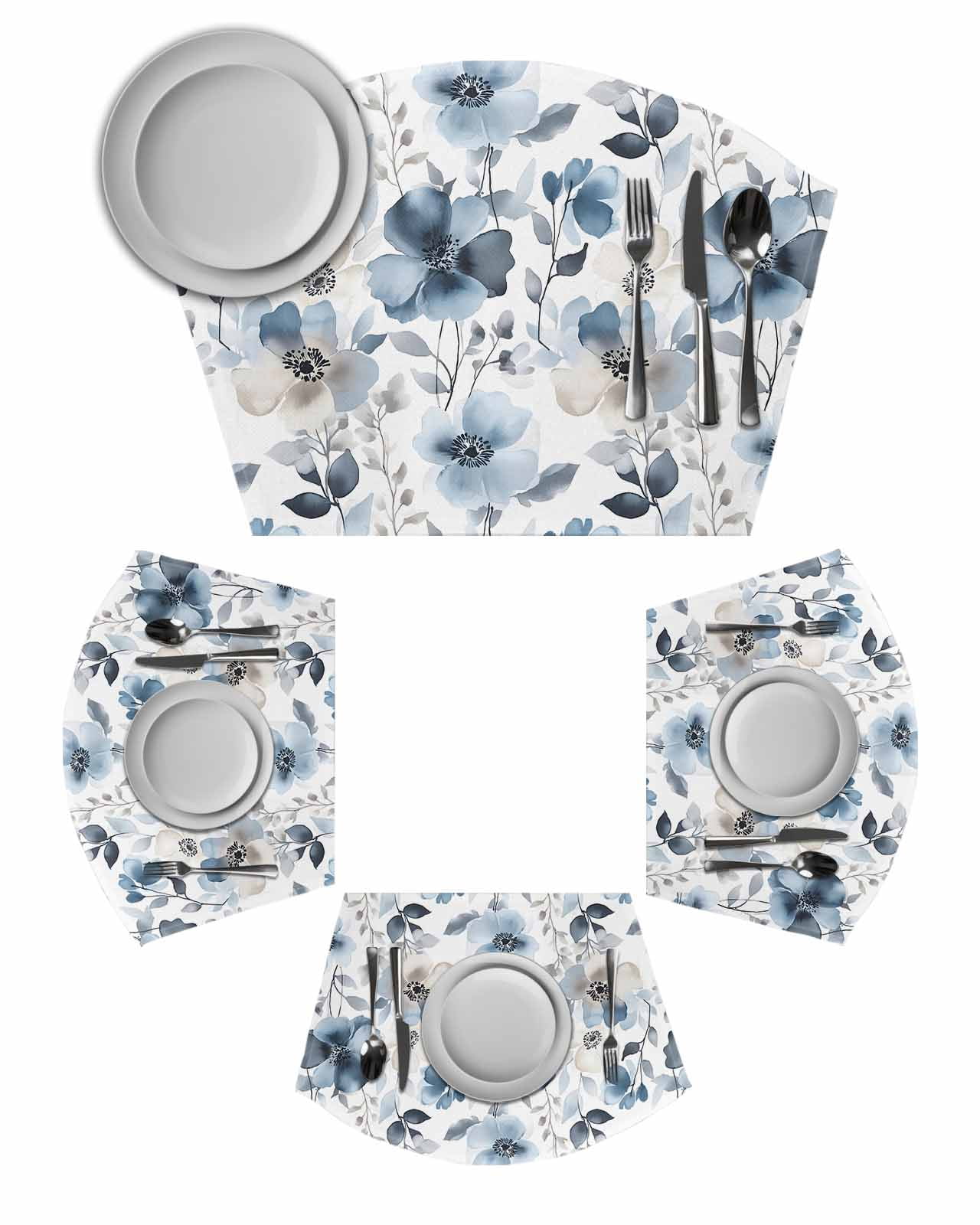 Blue Spring Floral Round Placemats Set of 2, Watercolor Summer Flowers ...