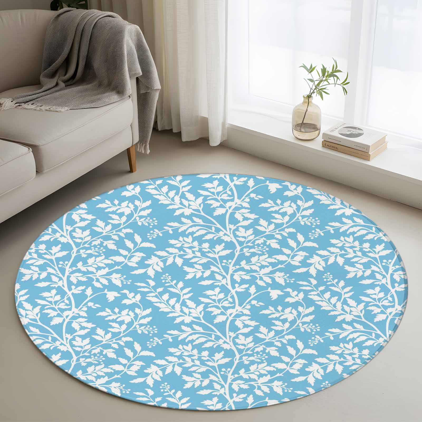 Blue Spring Floral Round Rug 3.3ft Washable Circle Entryway Rugs Non ...