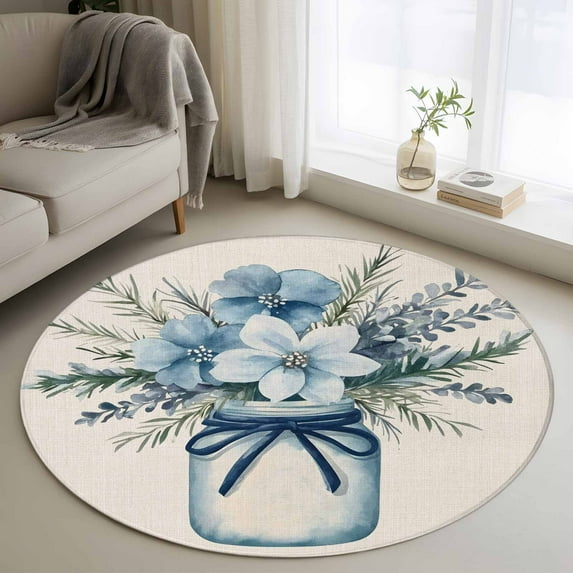 Blue Spring Floral Round Rug 3.3ft Washable Circle Entryway Rugs Non ...