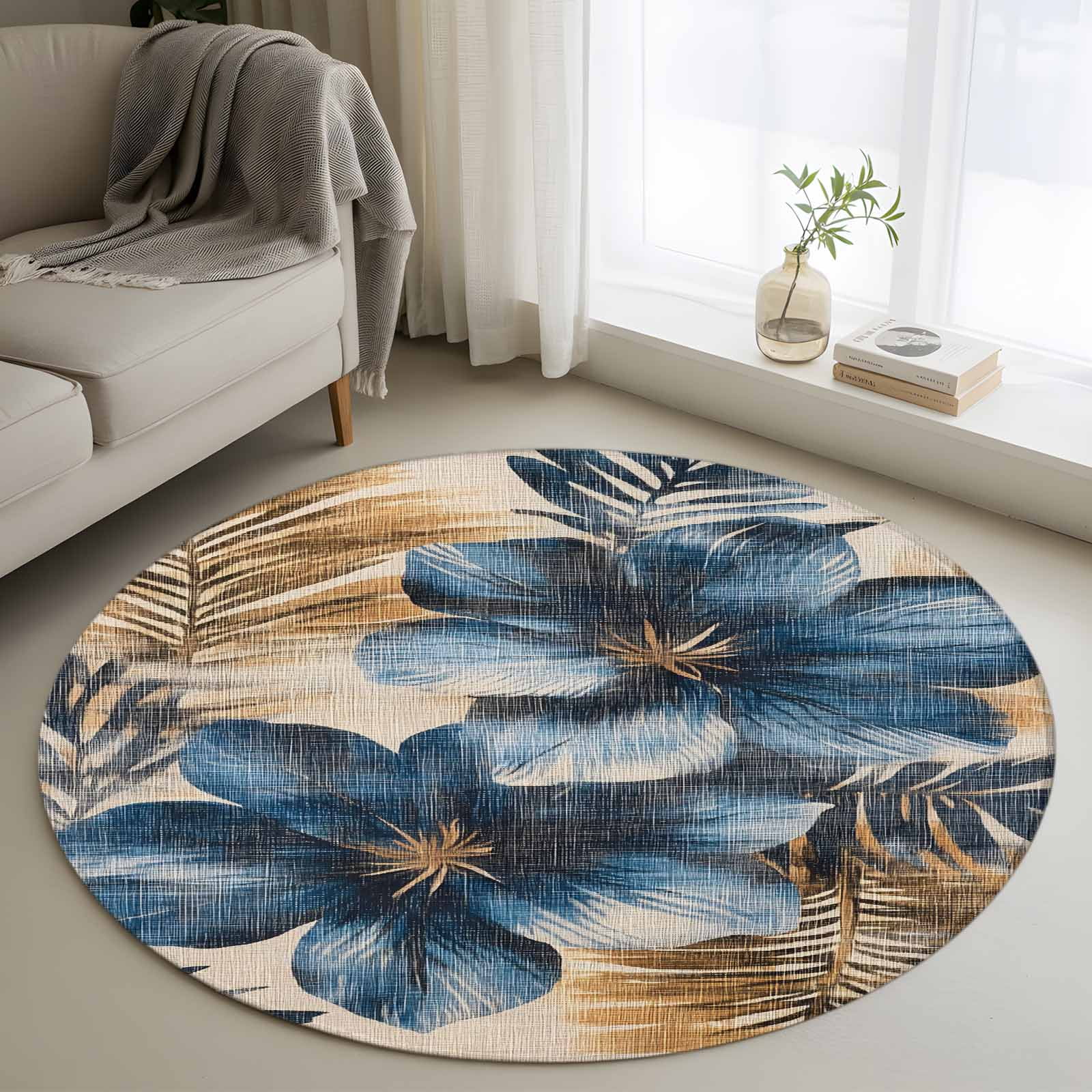 Blue Spring Floral Round Rug 3.3ft Washable Circle Entryway Rugs Non ...