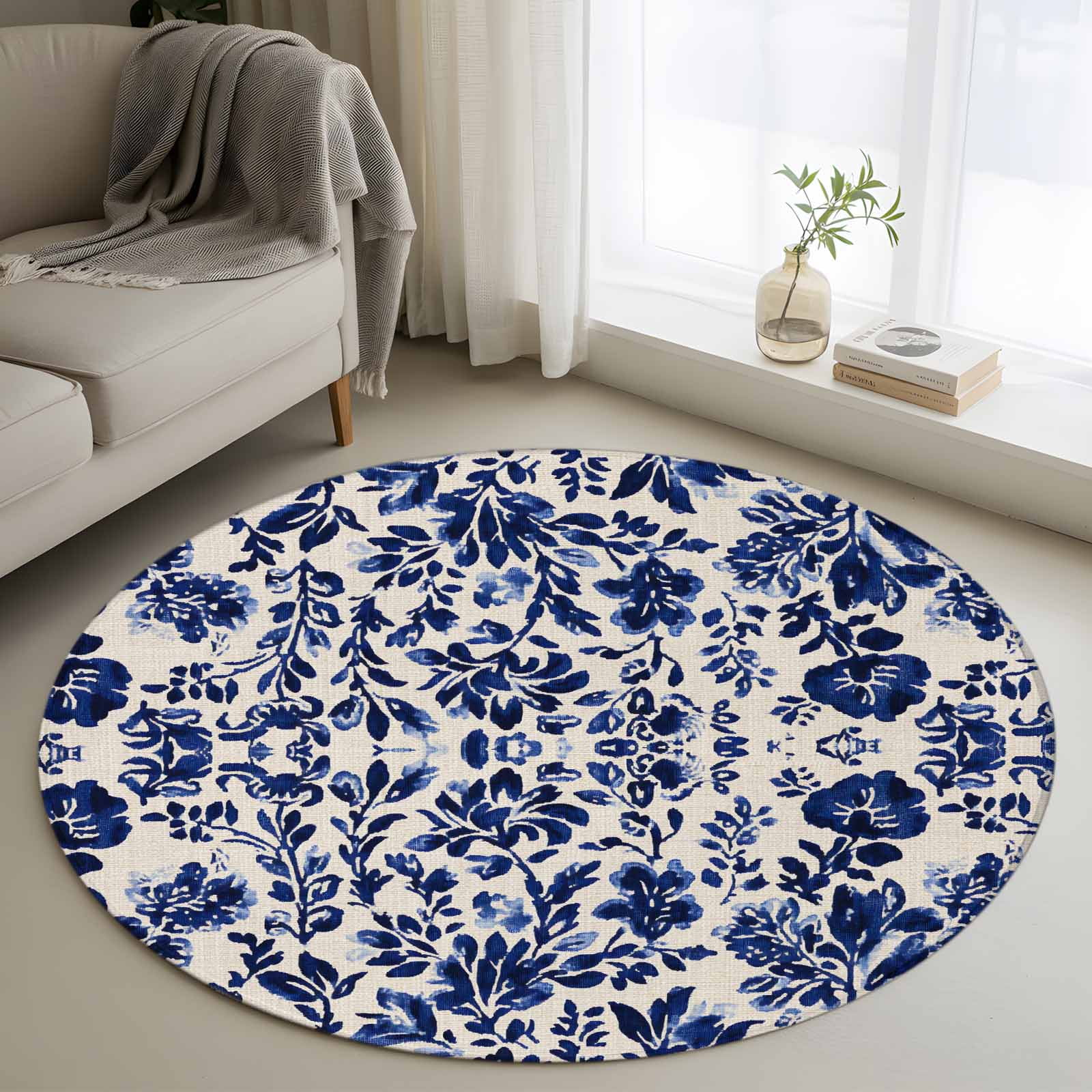 Blue Spring Floral Round Rug 3ft Washable Circle Entryway Rugs Non Slip ...