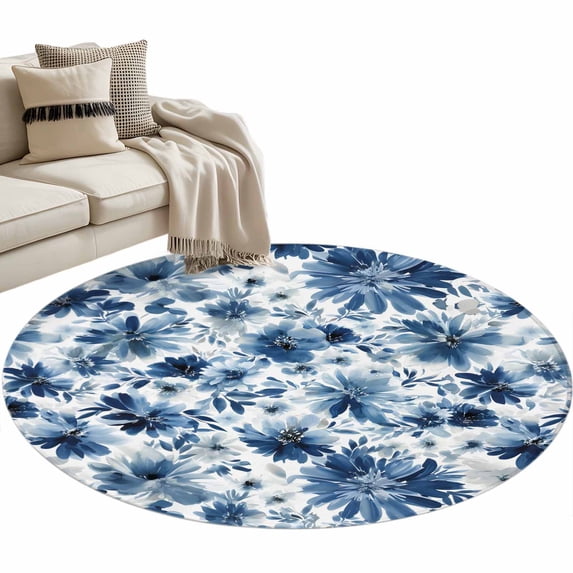 Blue Spring Floral Round Rug 3ft Washable Circle Entryway Rugs Non Slip ...