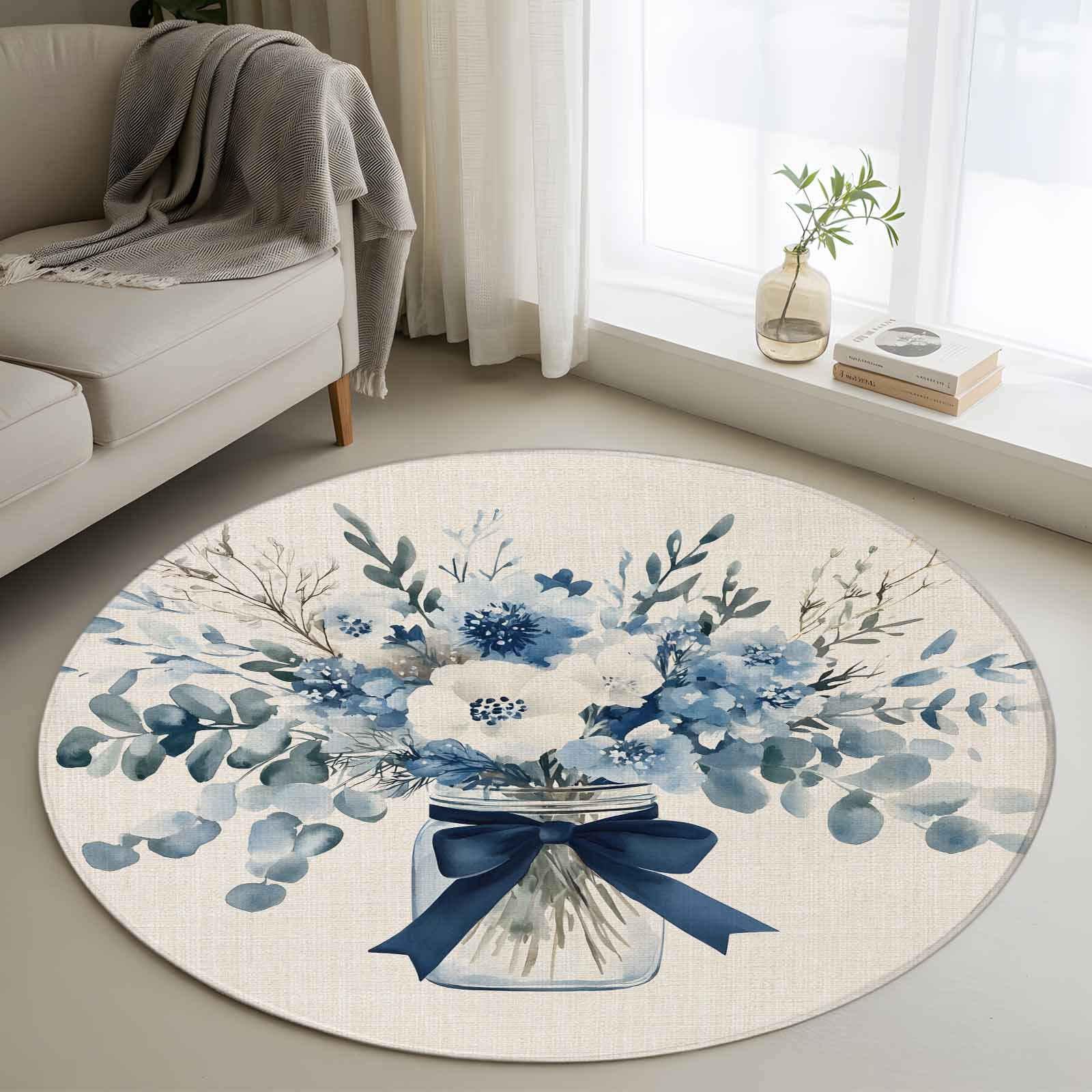 Blue Spring Floral Round Rug 3ft Washable Circle Entryway Rugs Non Slip ...