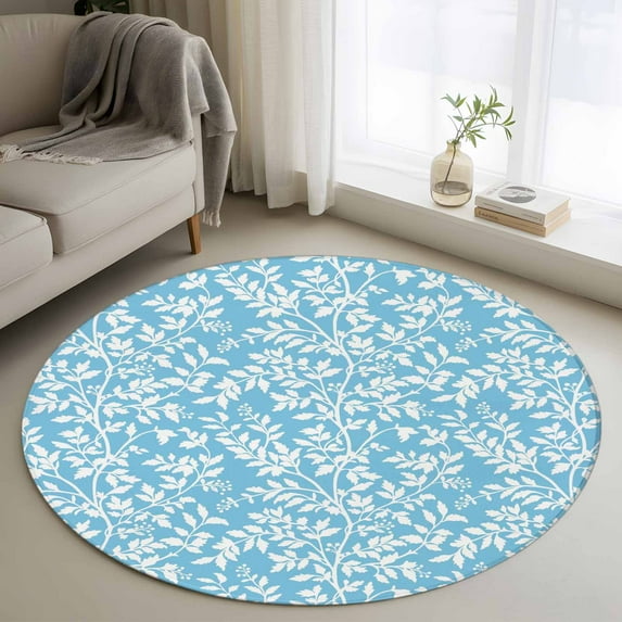 Blue Spring Floral Round Rug 4ft Washable Circle Entryway Rugs Non Slip ...