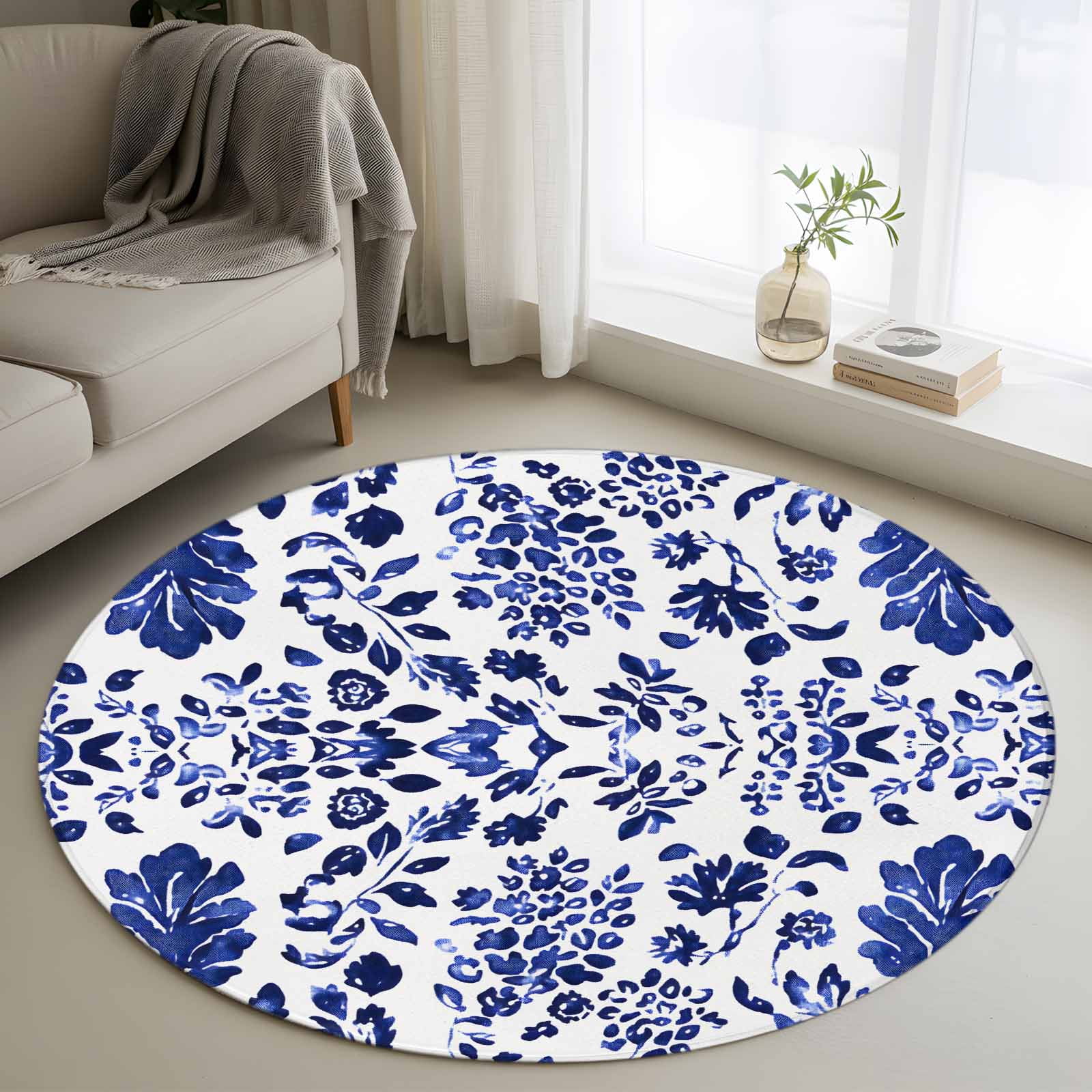 Blue Spring Floral Round Rug 4ft Washable Circle Entryway Rugs Non Slip ...