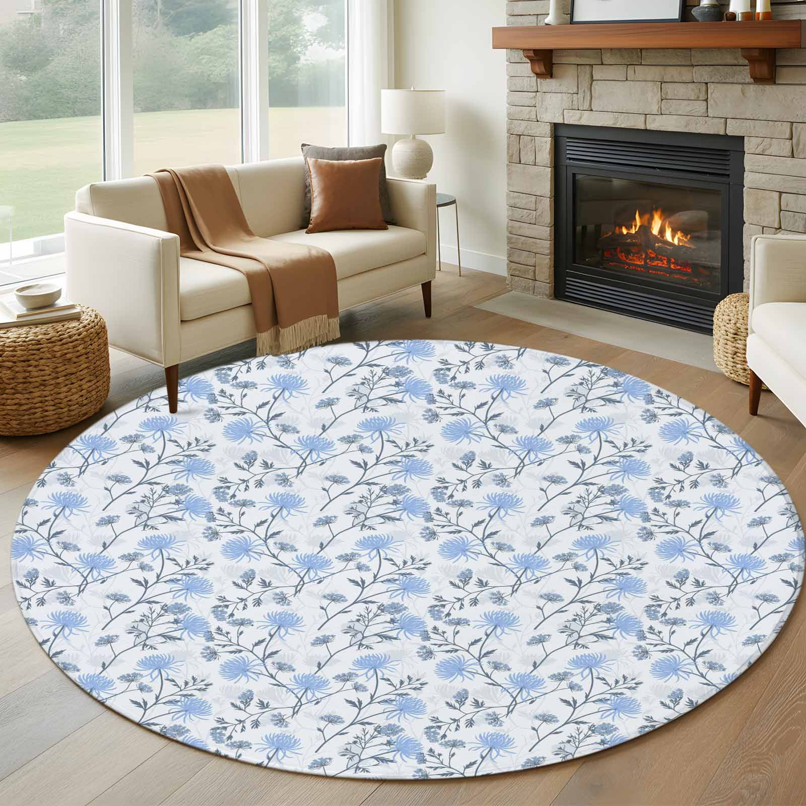 Blue Spring Floral Round Rug 6ft Washable Circle Kitchen Rugs Non Slip ...