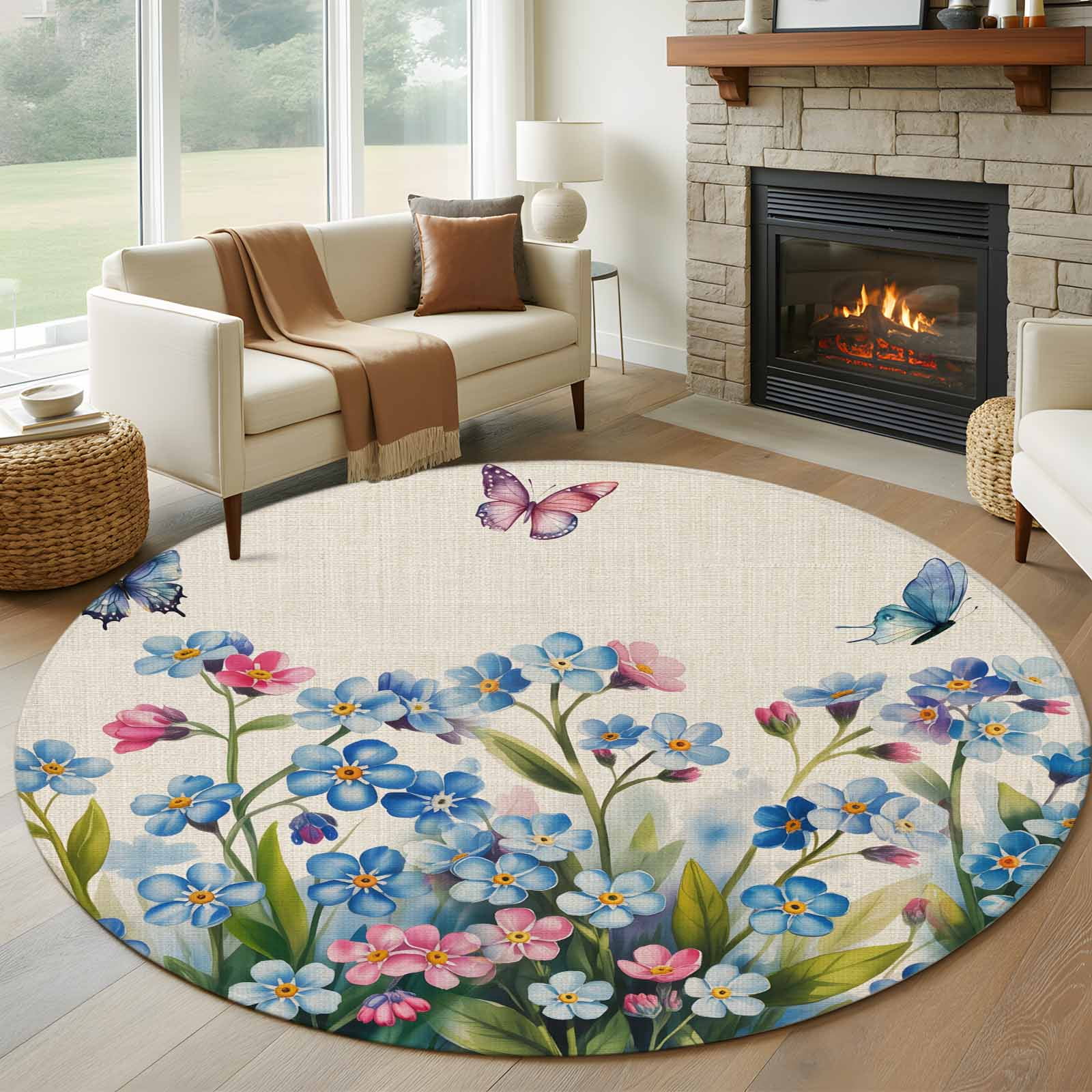 Blue Spring Floral Round Rug 7ft Washable Circle Rugs Non Slip Pink ...